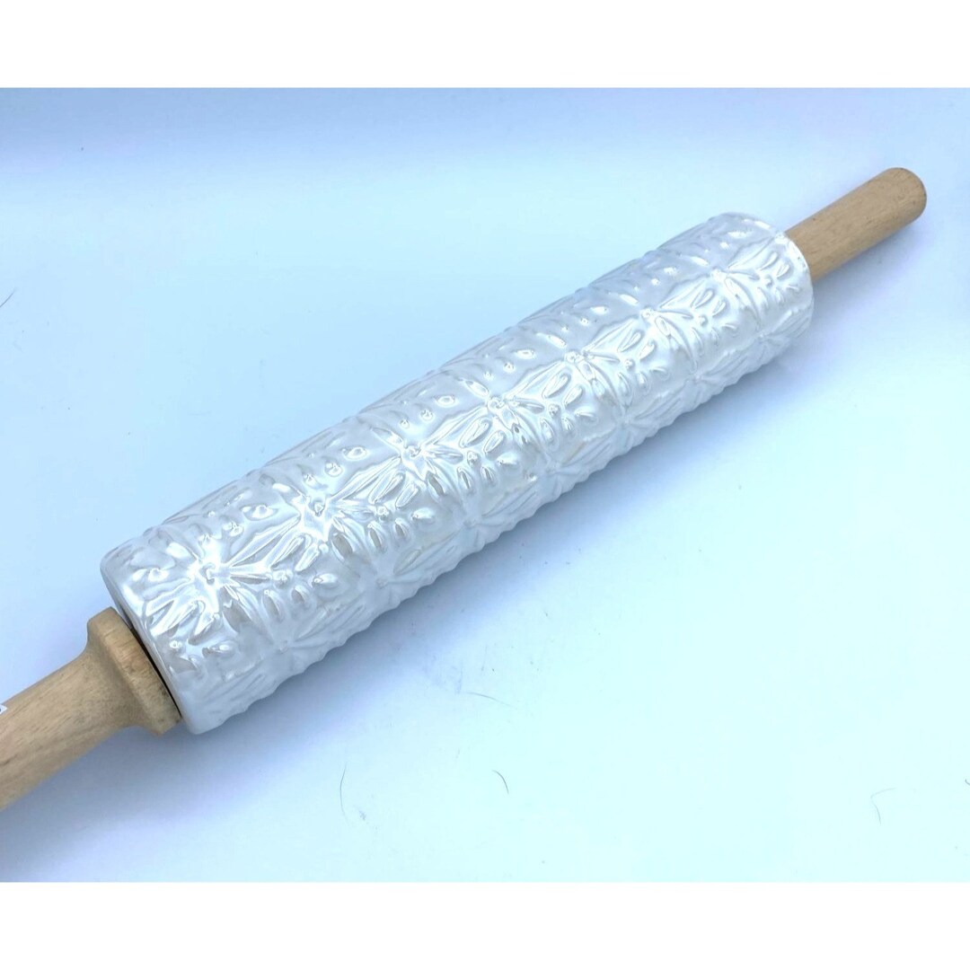 Floral Pattern Embossed Baking Rolling Pin Ceramic With Wood Handles - Etsy