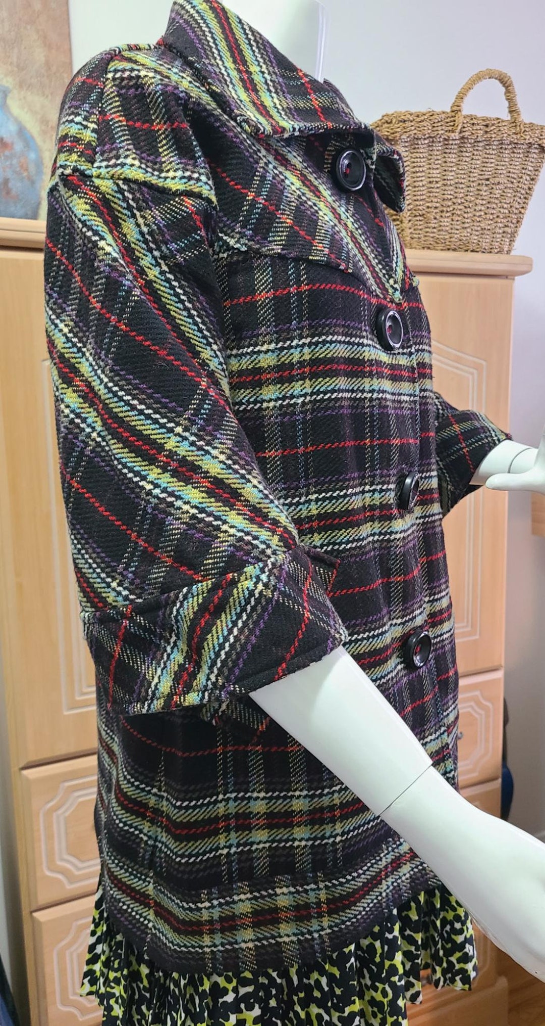 Vintage 50's 60's Look Zara TRF Coat Jacket - Black Plaid 3/4 Sleeves ...