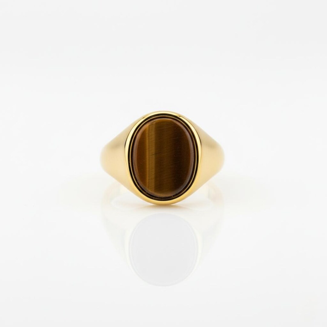 Tiger Eye Signet Ring in Gold – Oval Natural Gemstone Statement Ring - Etsy