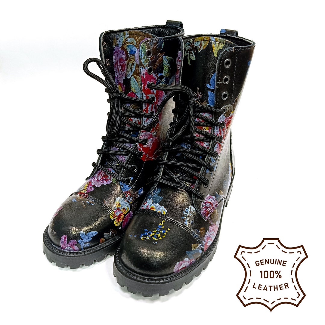 Real Leather Lace up Combat Boots, Pink Roses, Punk, Goth, Floral Boots ...