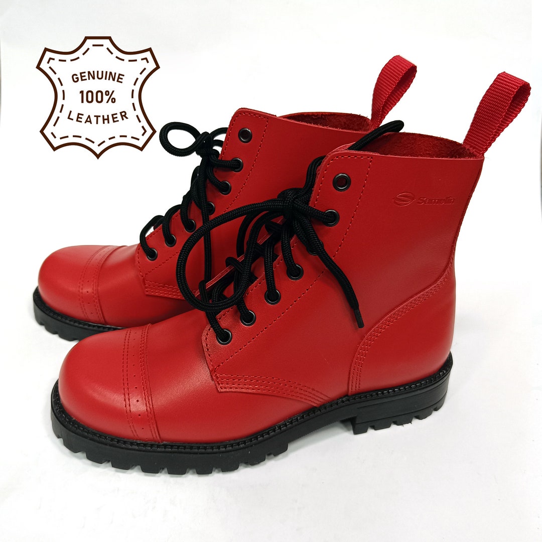 Real Leather Lace up Combat Boots, Red Boots, Punk, Goth, Red Leather ...