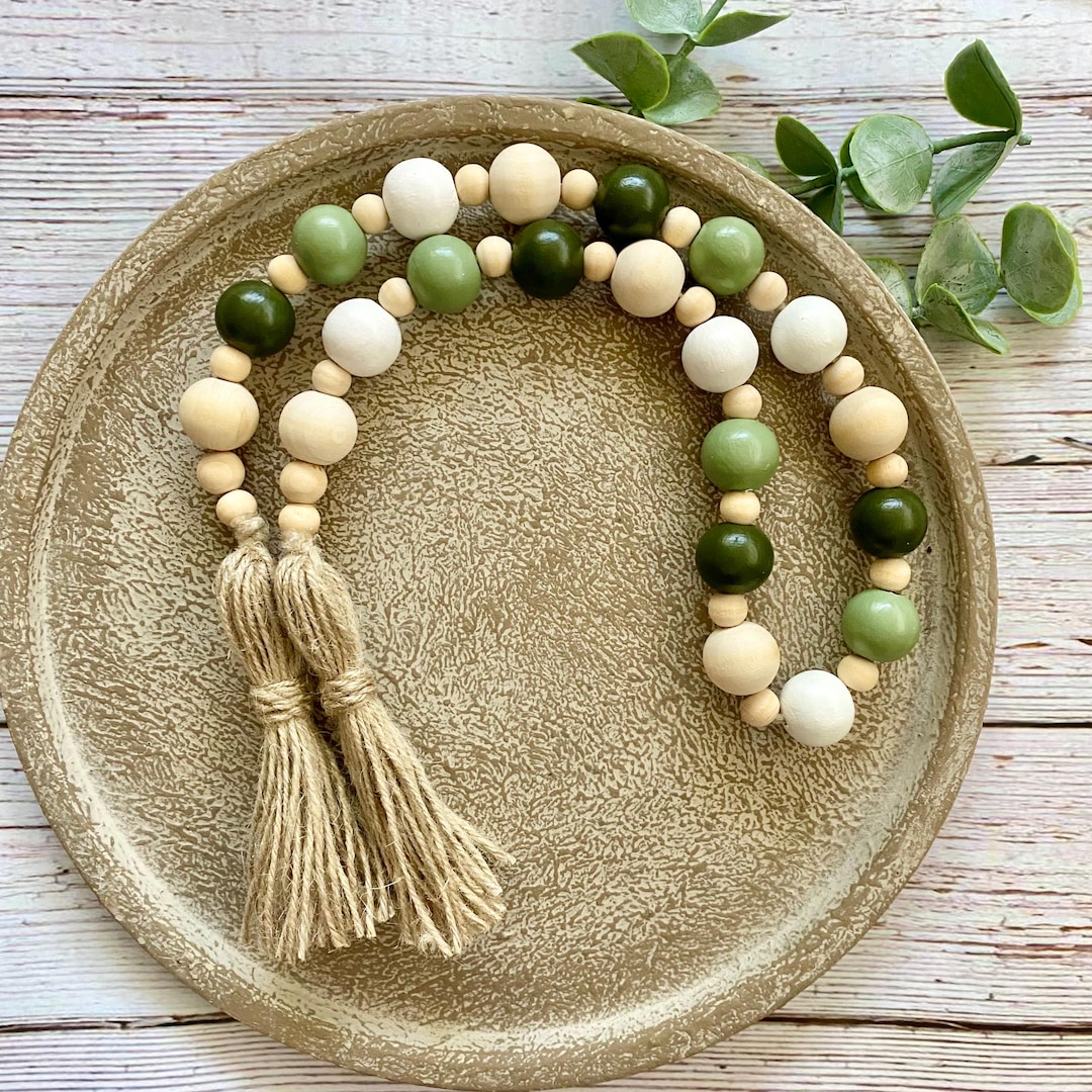 Boho Wood Bead Garland in Shades of Green, Farmhouse Beads, Neutral ...