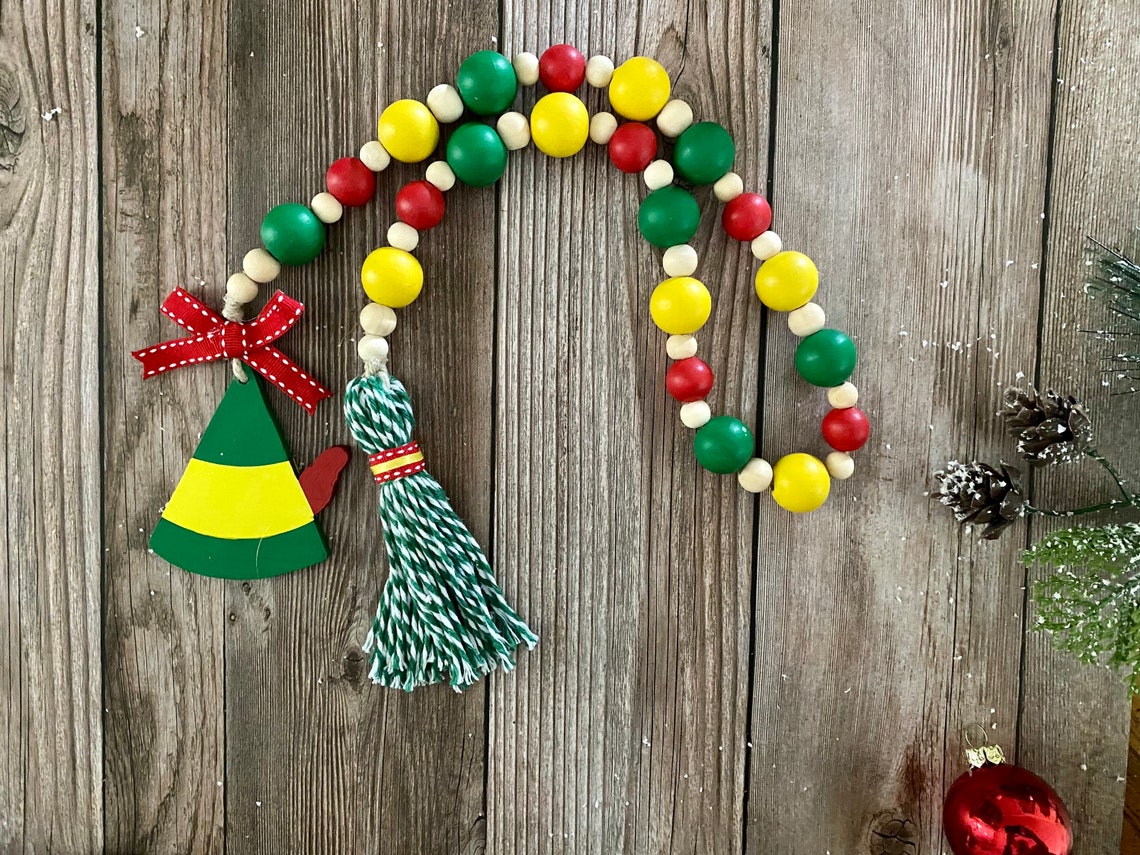 Elf Christmas Tiered Tray Decor Collection, Elf Hat Wood Bead Garland ...