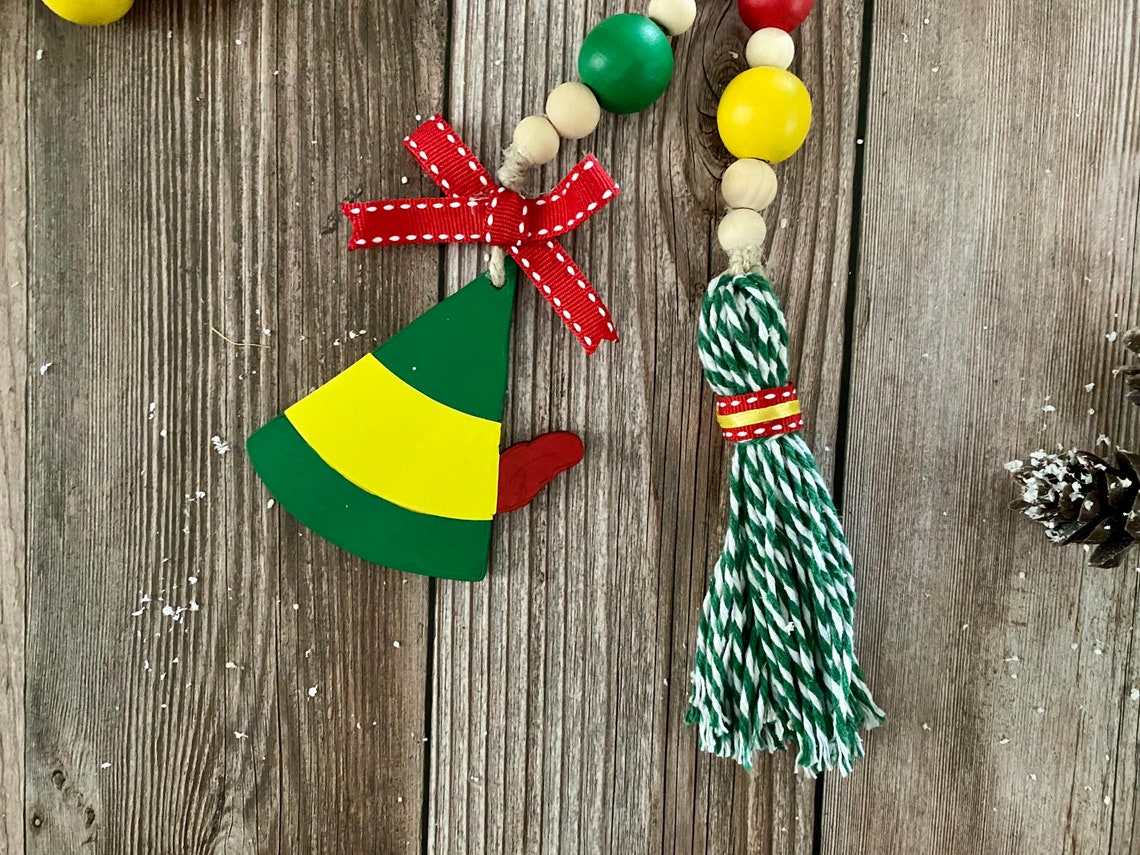 Elf Christmas Tiered Tray Decor Collection, Elf Hat Wood Bead Garland ...