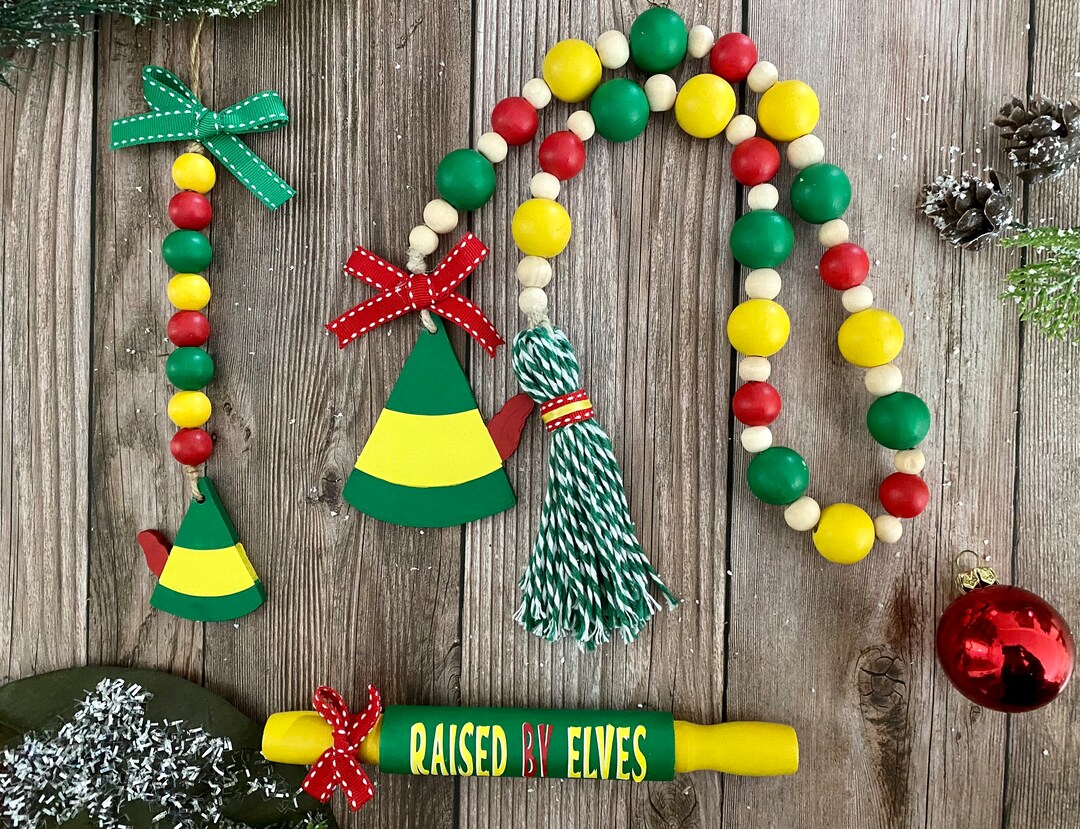 Elf Christmas Tiered Tray Decor Collection, Elf Hat Wood Bead Garland ...