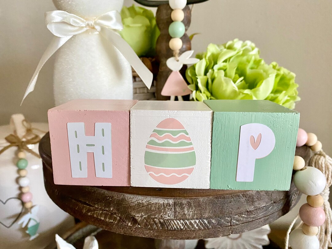 HOP Decorative Easter Wood Blocks Neutral Easter Tiered Tray Accent ...
