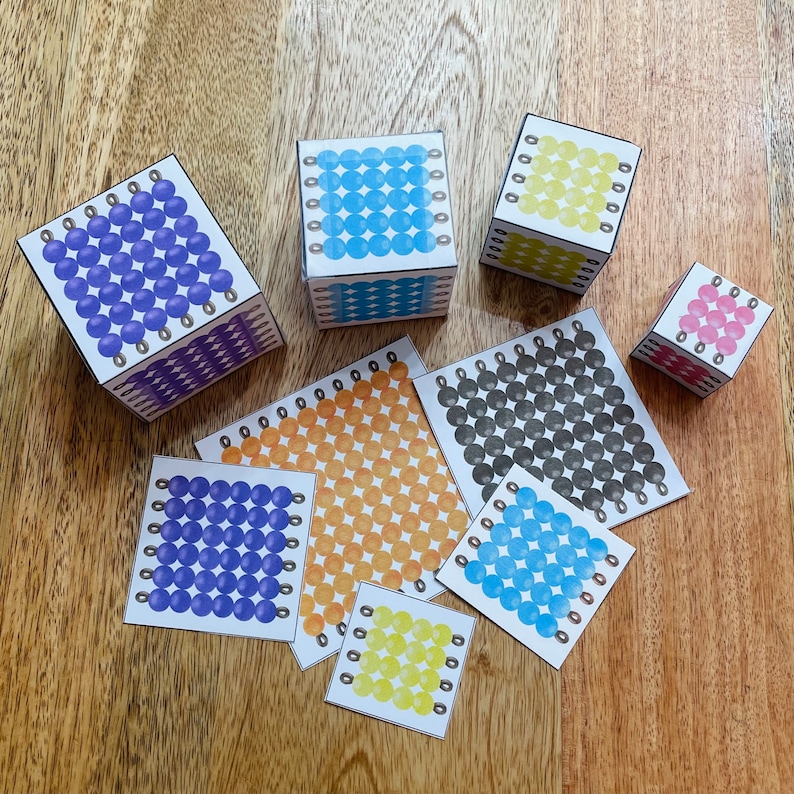 Printable Watercolor Bead Squares and Foldable Cubes | Montessori Math ...
