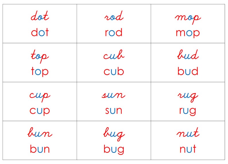 Short Vowel Words in Cursive & Print Montessori Reading - Etsy