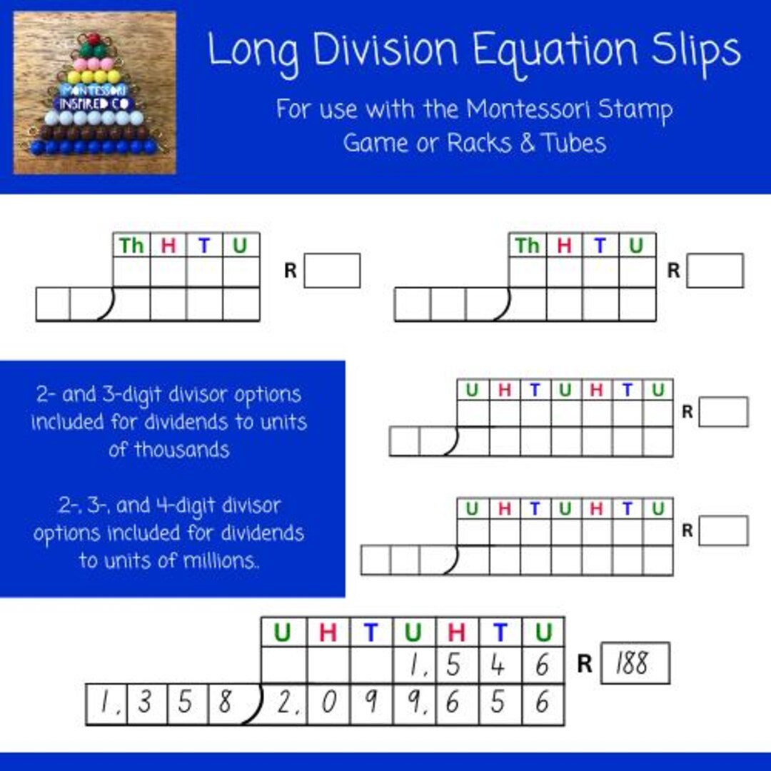 Long Division Equation Slips | Montessori Math | Stamp Game | Racks ...