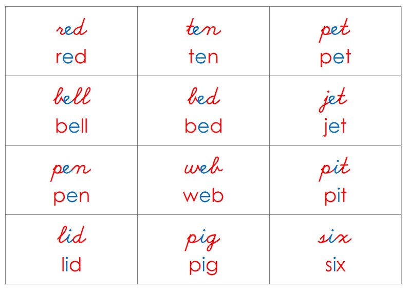 Short Vowel Words in Cursive & Print Montessori Reading - Etsy