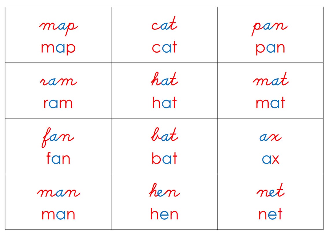 Short Vowel Words in Cursive & Print | Montessori | Reading - Etsy