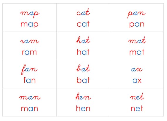 Short Vowel Words in Cursive & Print Montessori Reading - Etsy Finland