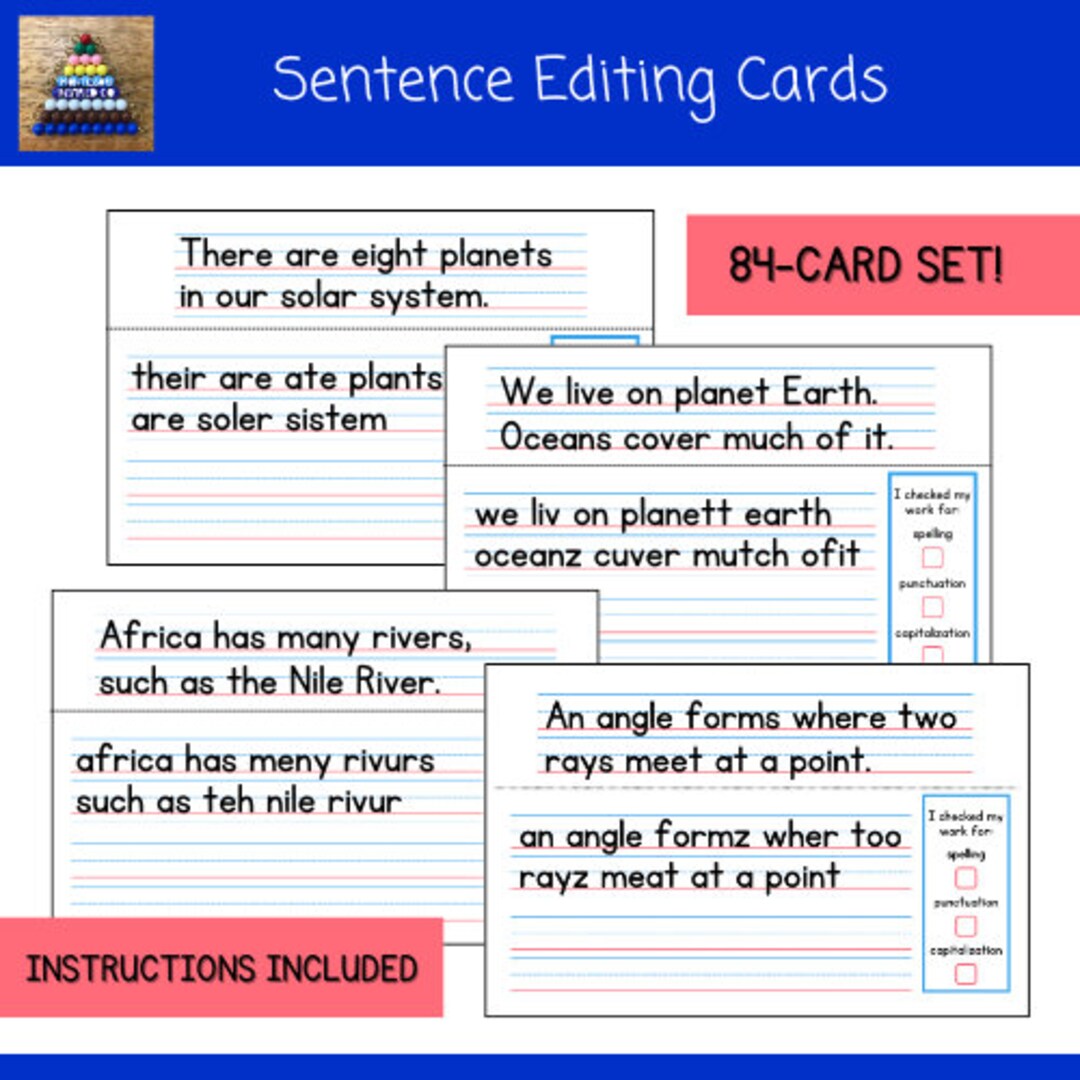 Sentence Editing Cards | Montessori | Punctuation | Capitalization ...