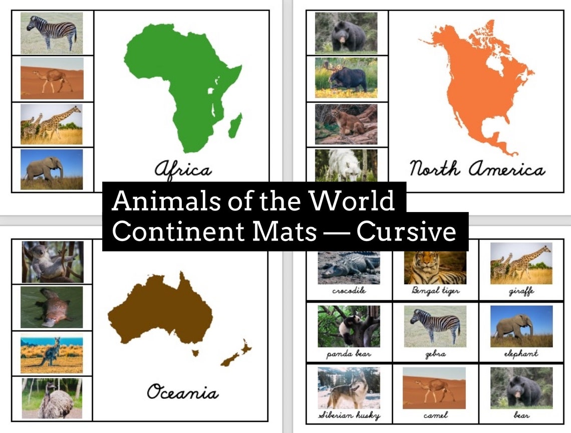 Animals of the World Continent Mats CURSIVE Montessori | Etsy