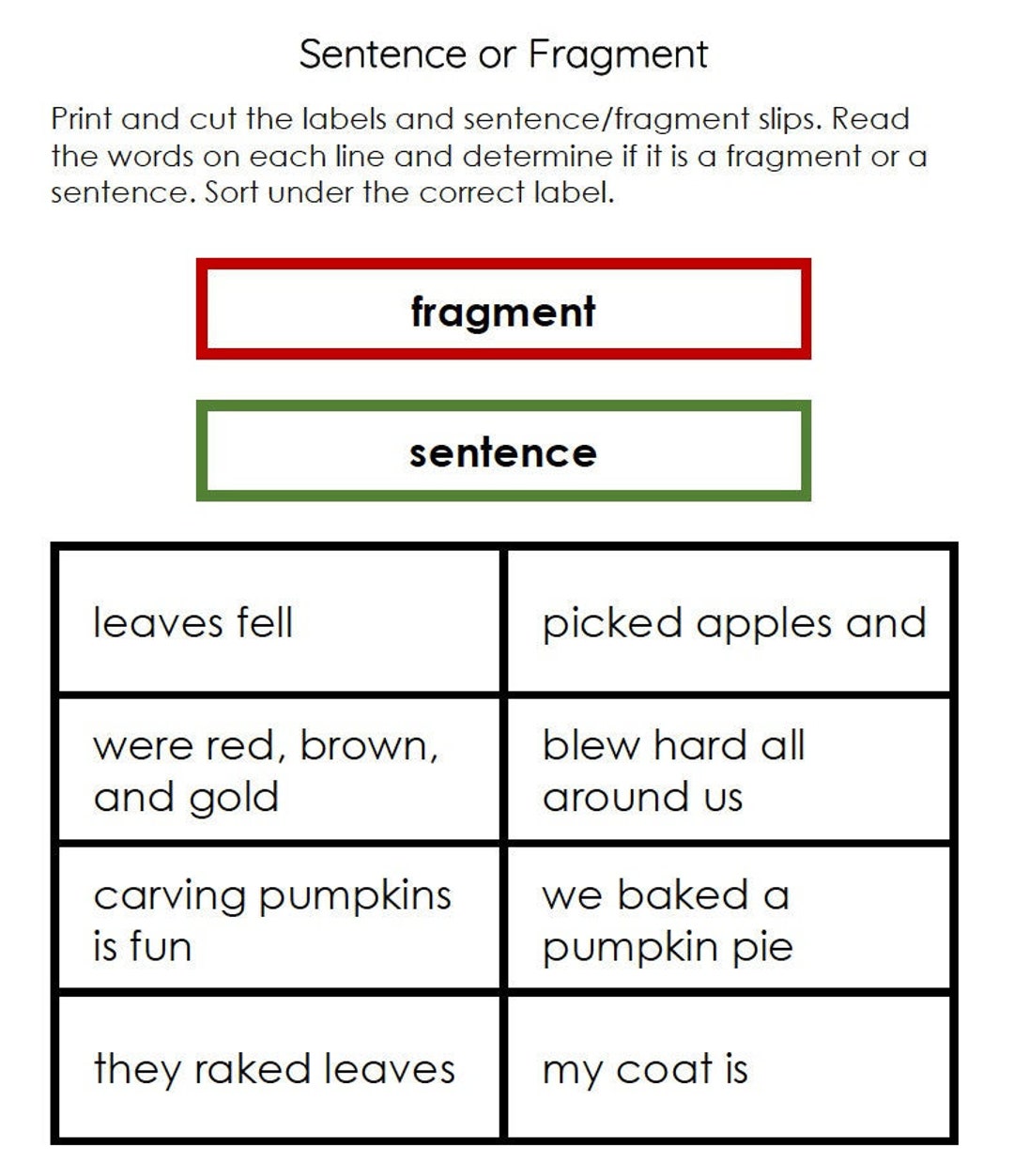 Autumn Types of Sentences Activity Pack | Elementary Language - Etsy