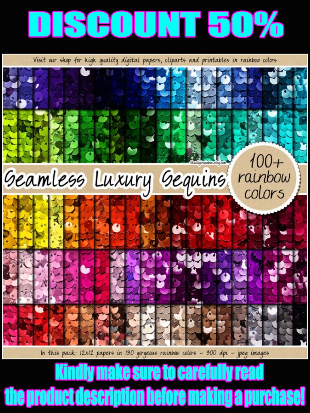 100 Seamless Sequin Digital Paper, Sequin Sublimation Design, Rainbow ...
