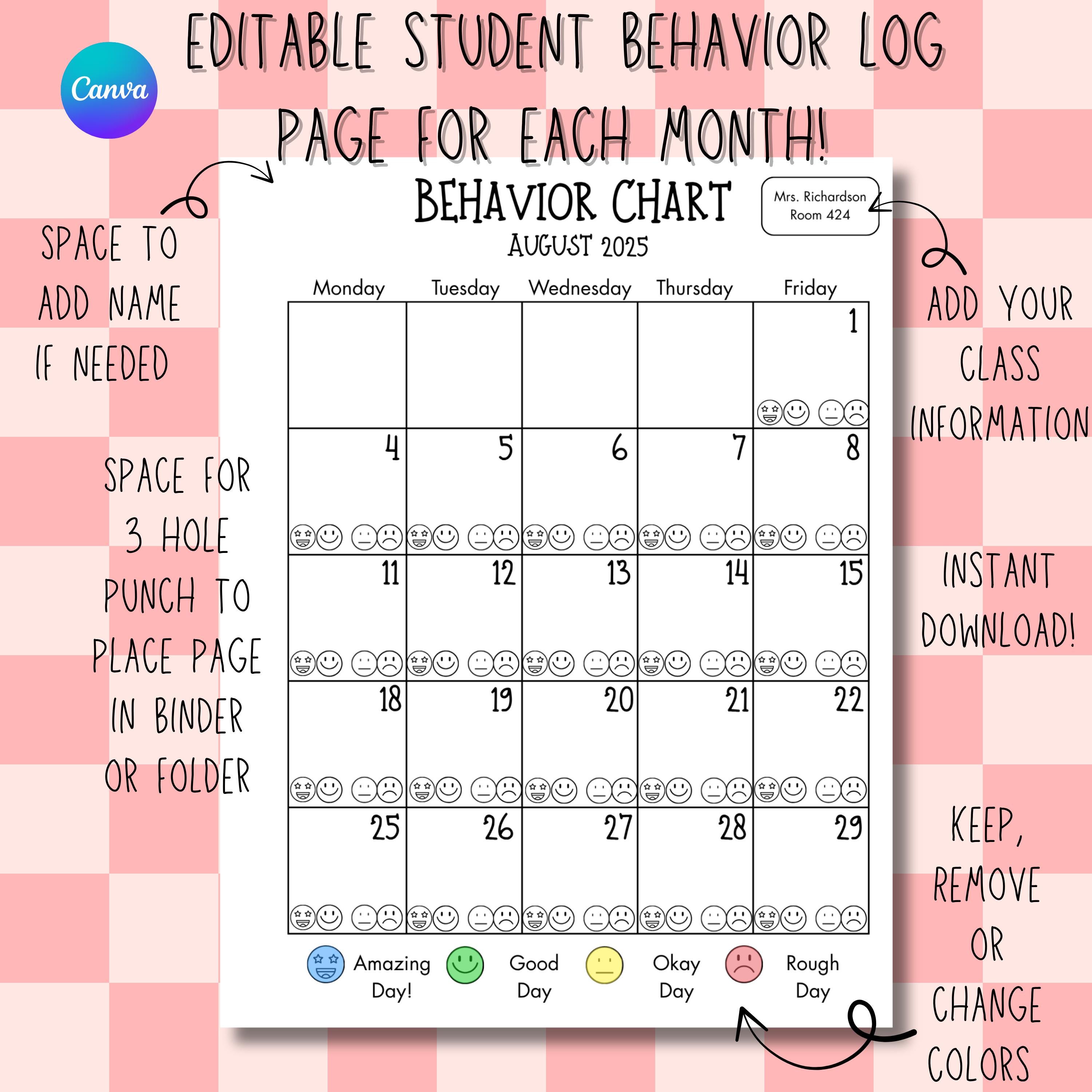 Editable Student Behavior Chart: Teacher Tool, August 2024-may 2025 ...