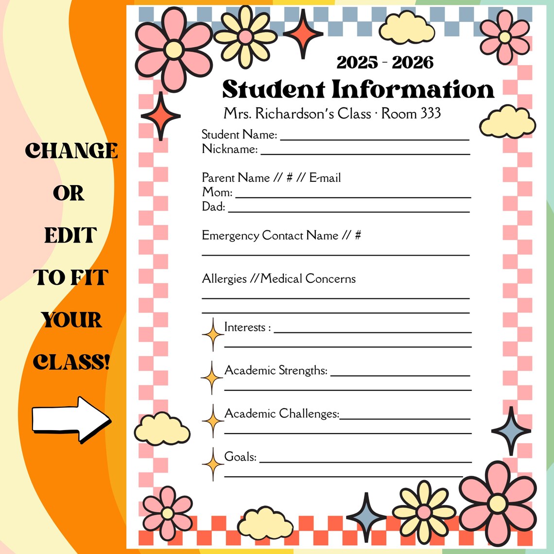 Retro Student Information Sheet: Editable Teacher Canva Template ...