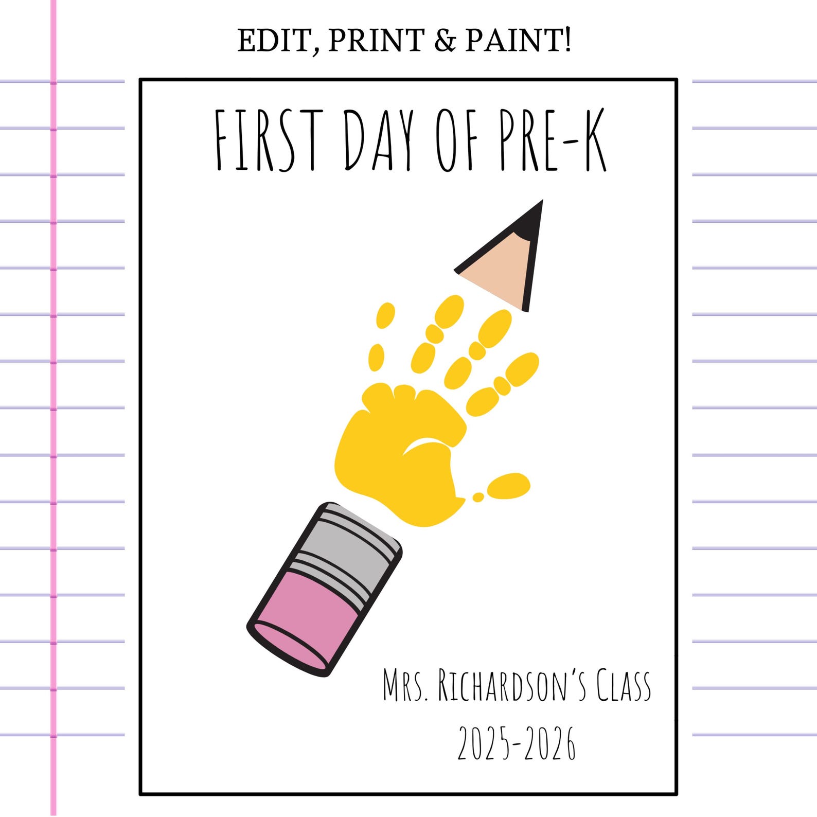 First Day of Pre-k Pencil Handprint Art | First Day of School Art ...