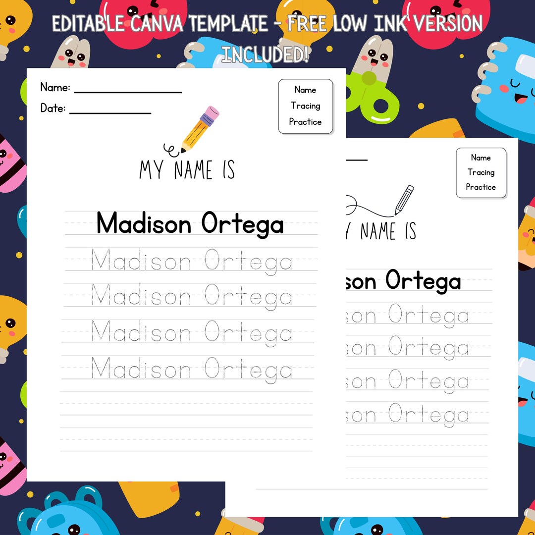 Editable Name Tracing Template: Pre-k Handwriting Practice (canva ...