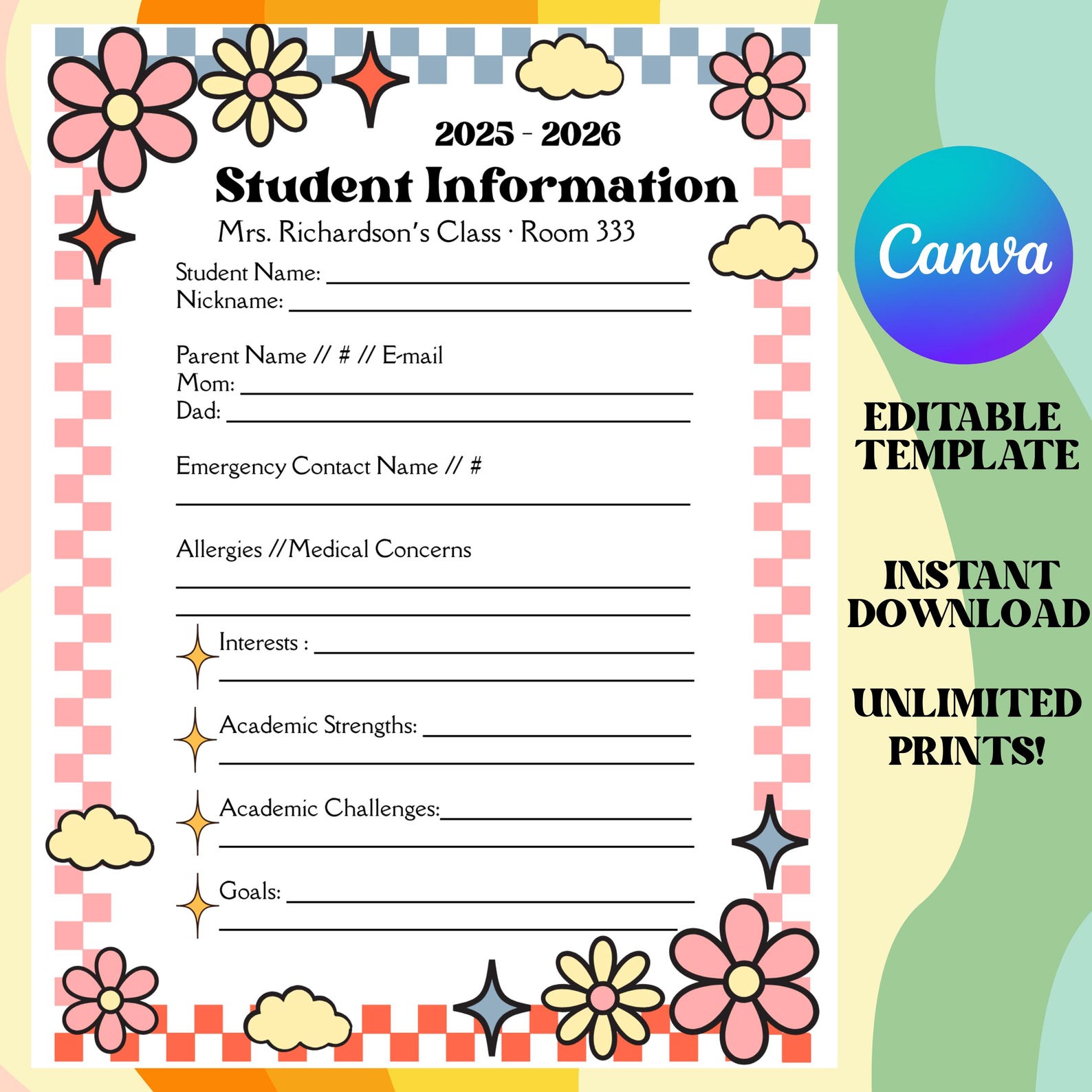 Retro Student Information Sheet: Editable Teacher Canva Template ...
