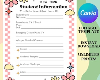 Retro Student Information Sheet: Editable Teacher Canva Template ...