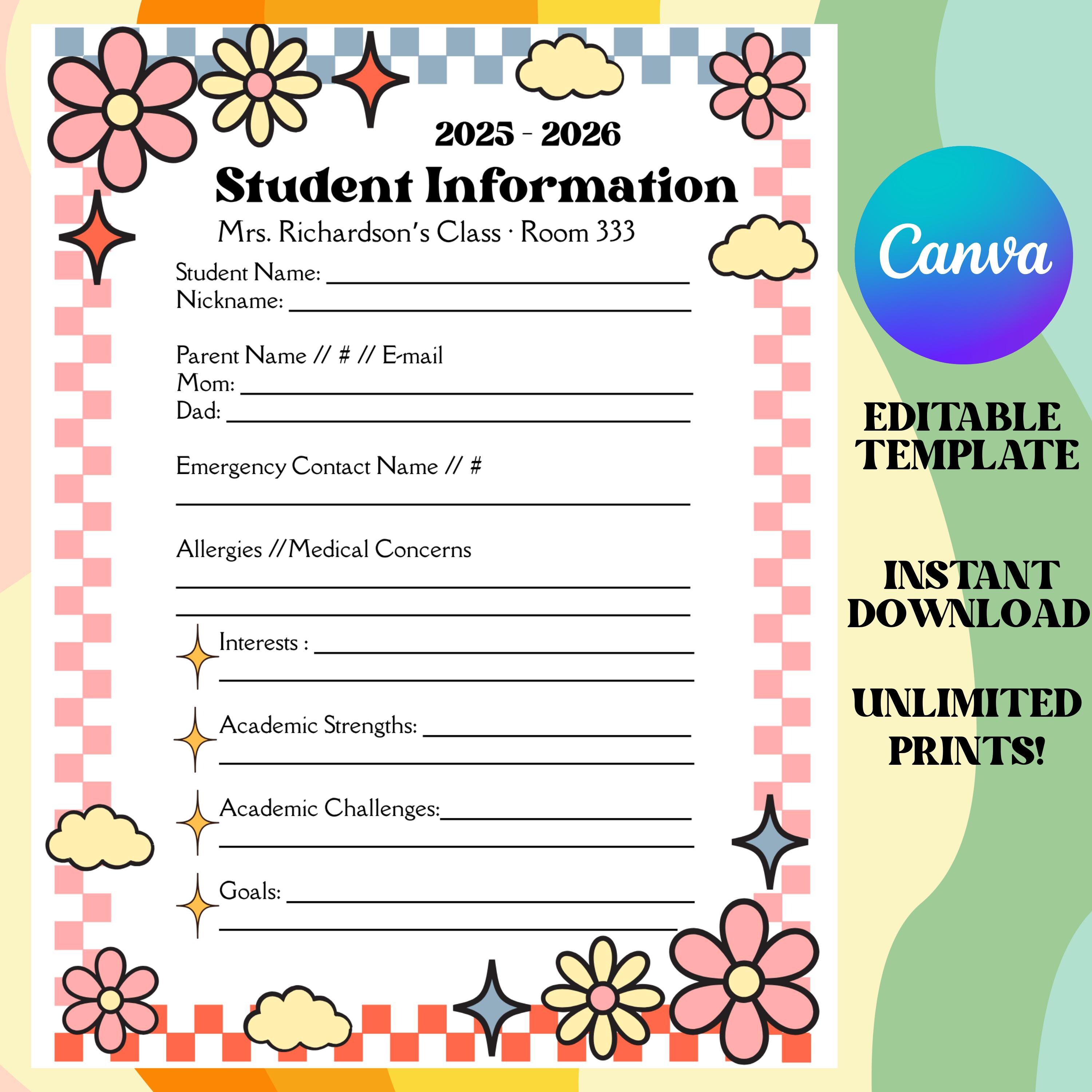 Retro Student Information Sheet: Editable Teacher Canva Template ...