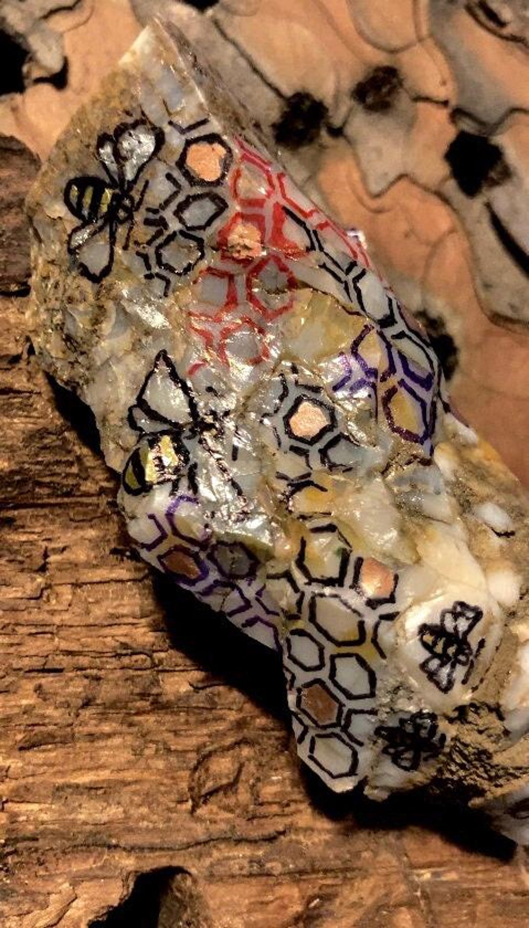 Honey Bee and Hive Rock Art. Bee Rock Art. Hand Drawn Nature Design on ...