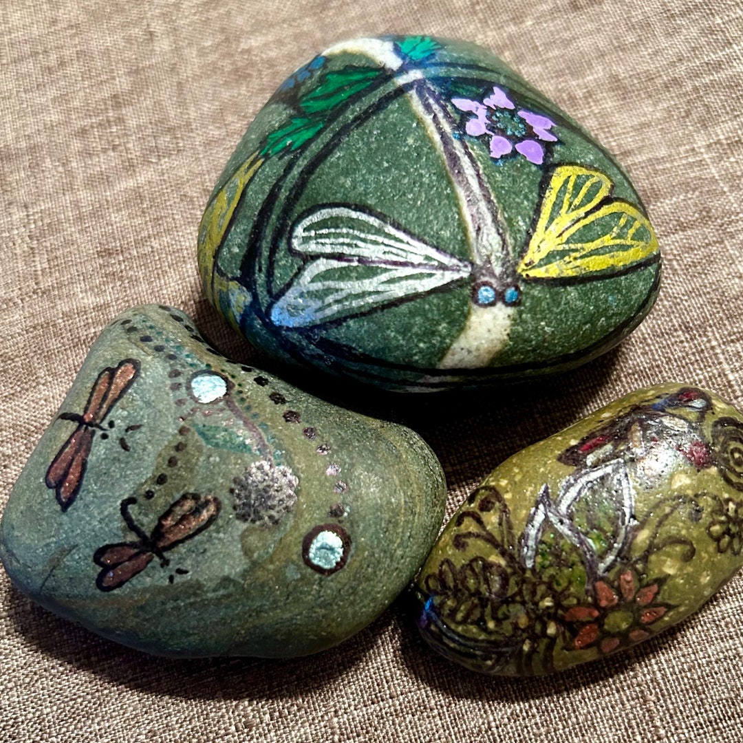 Rock Art Set of 3. Dragonfly and Butterfly Rockart. Painted Rock. Zen ...