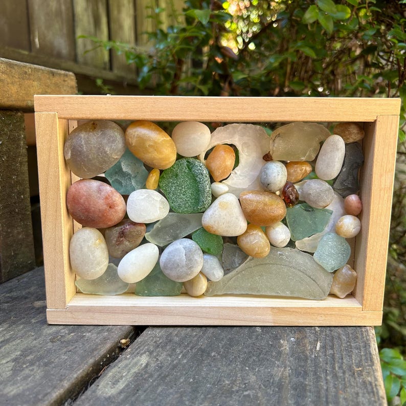 Sea Glass Sun Catcher With Agate & Shell in Wood Frame - Etsy