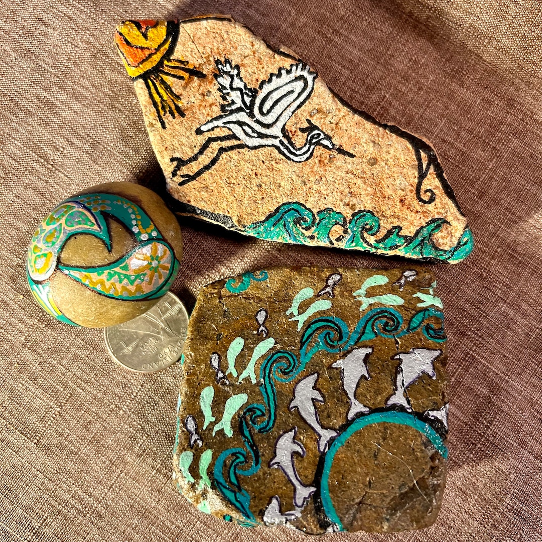 Original Ocean Art Work on Stone- Sold as a Set of 3. Beach Decor Rock ...