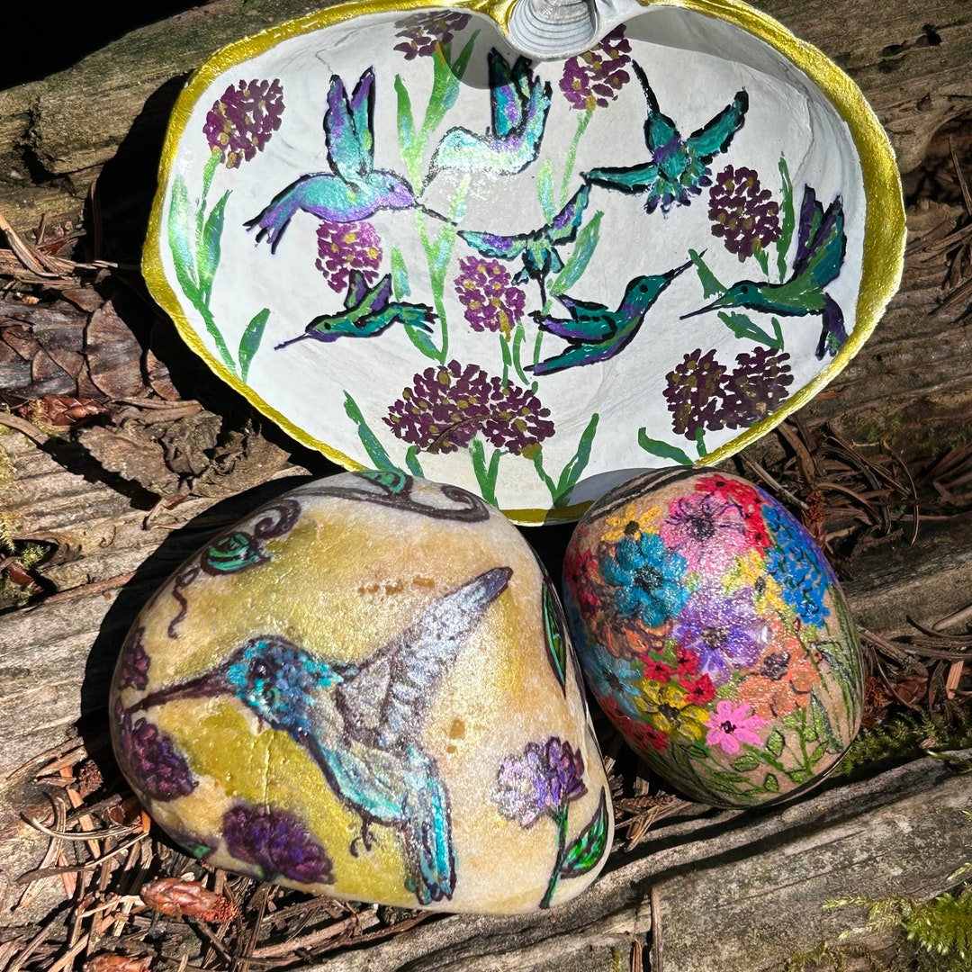 Set of 3. Hummingbird and Garden Lover Rock Art and Shell Art. Unique ...