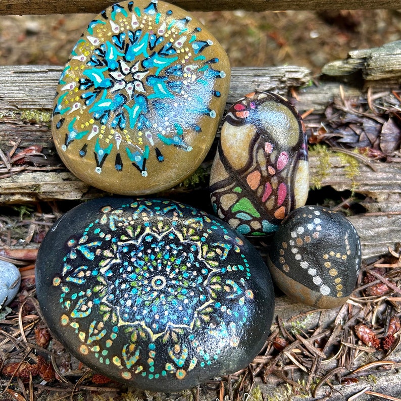Original Abstract Art Work on Stone- Sold as a Set of 4. Mandals ...