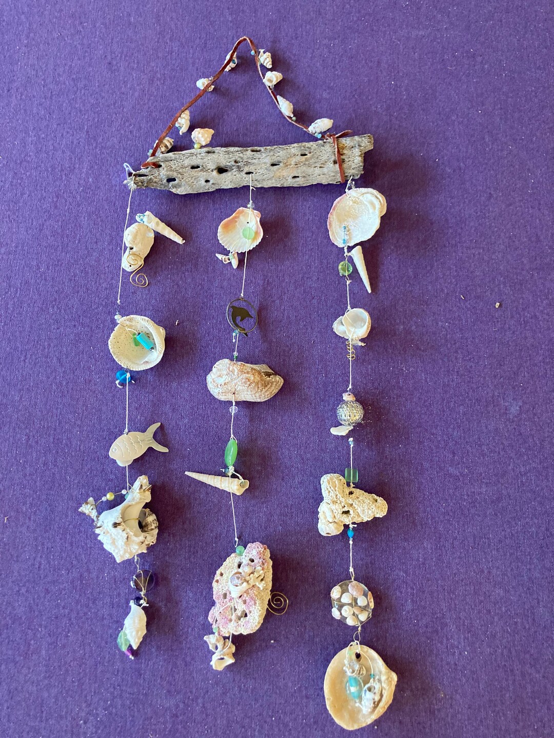 3 Strand Green and Blue Bead, Shell Mobile. Seashell Hanging for Inside ...