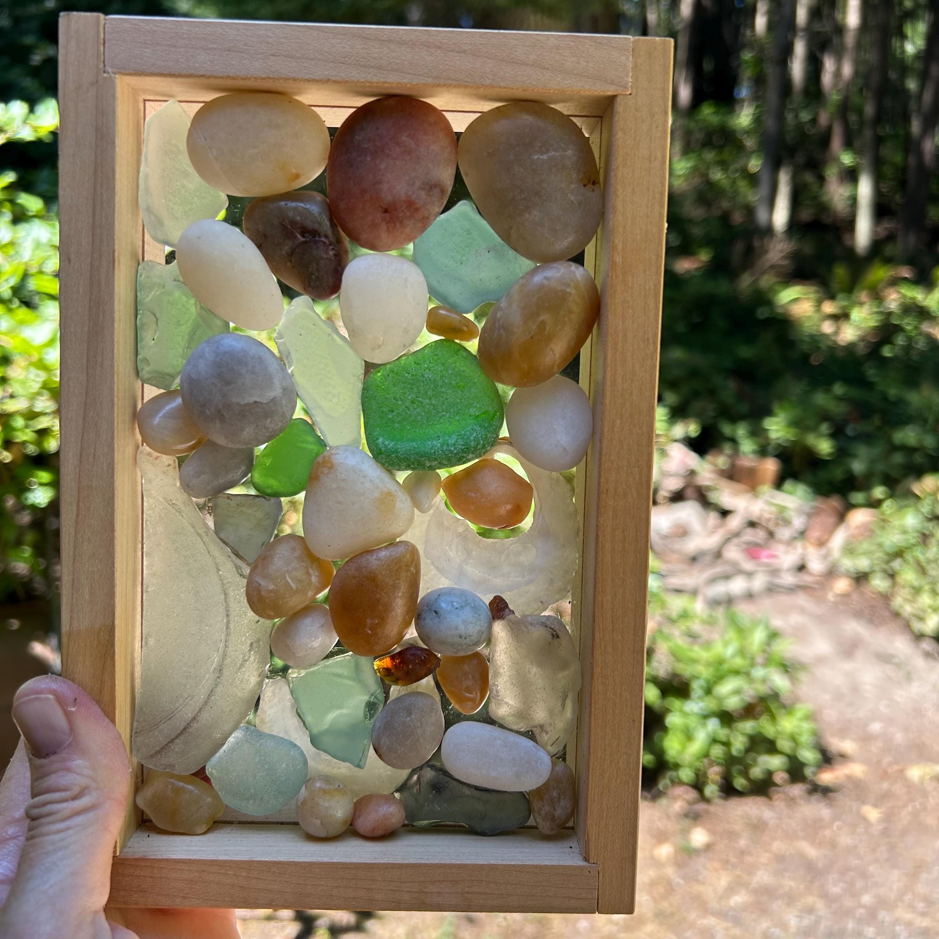 Sea Glass Sun Catcher With Agate & Shell in Wood Frame - Etsy