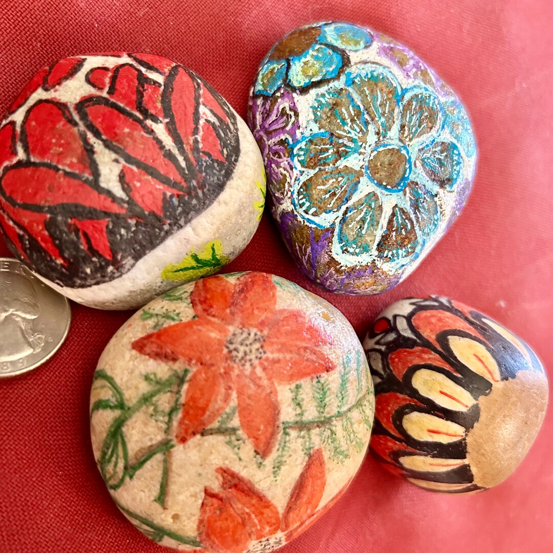 Hand-painted Flower Rock Art: Set of 4, Whimsical Garden Decor - Etsy
