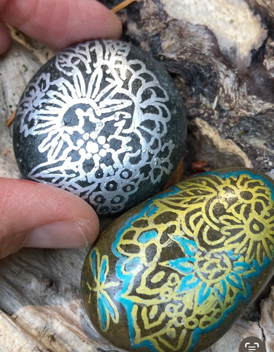 Set of Silver and Gold Floral Rocks. Rockart. Small Original Art ...
