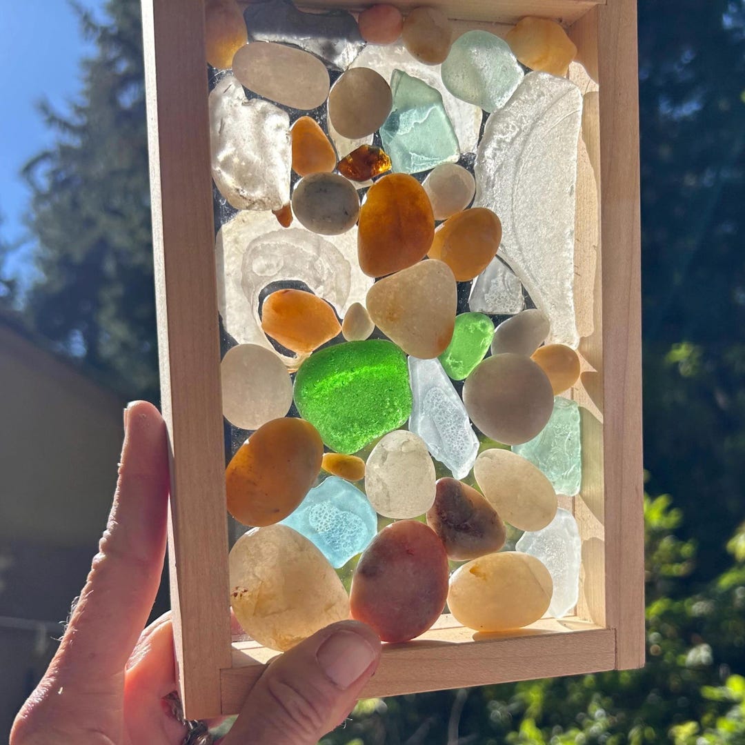 Sea Glass Sun Catcher With Agate & Shell in Wood Frame - Etsy