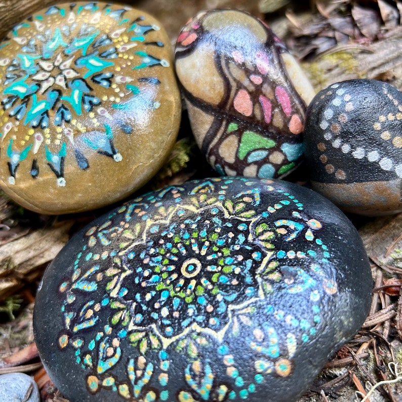 Original Abstract Art Work on Stone- Sold as a Set of 4. Mandals ...