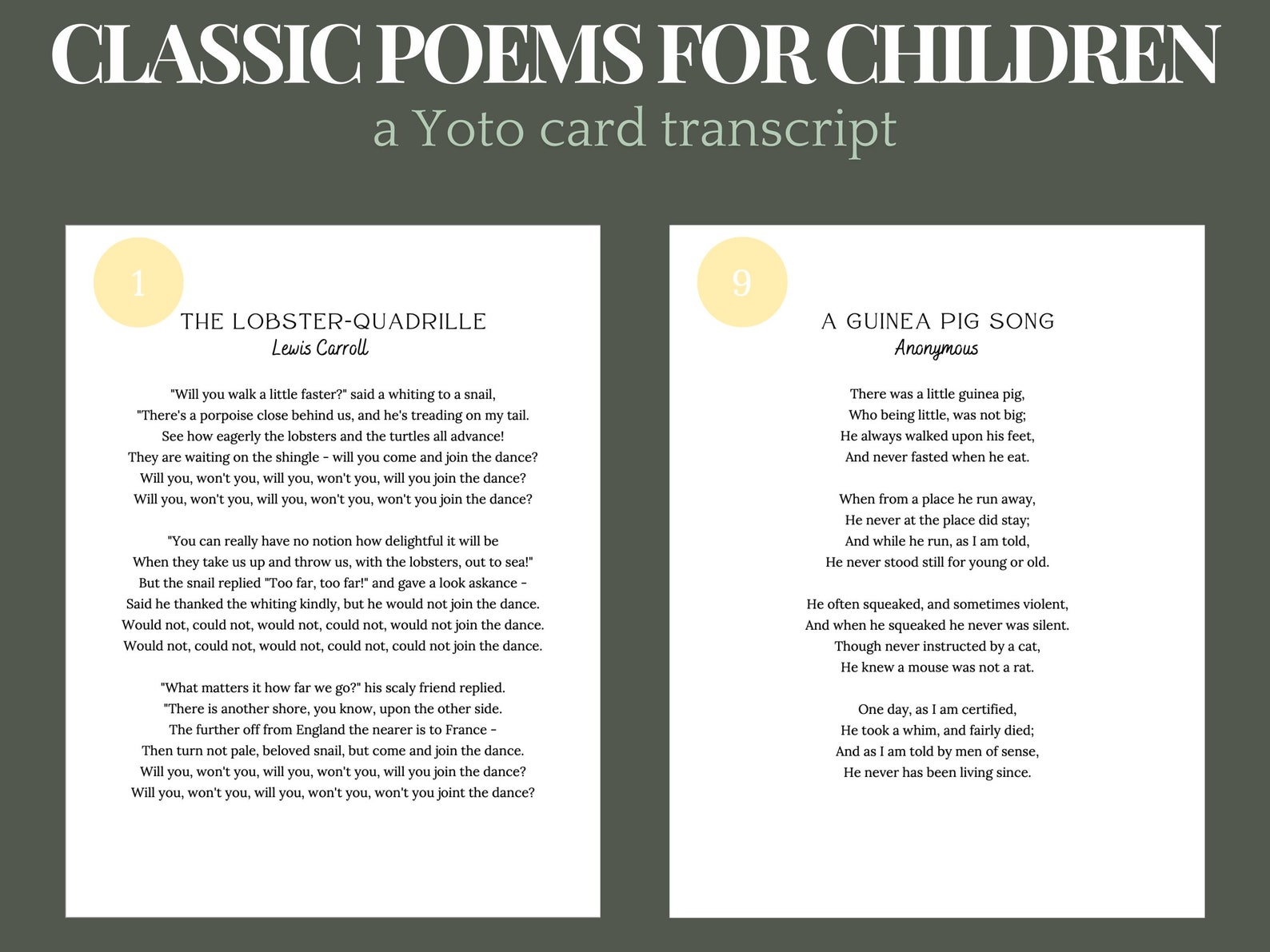 Classic Poems for Children Card for YOTO Audio Player Transcript ...