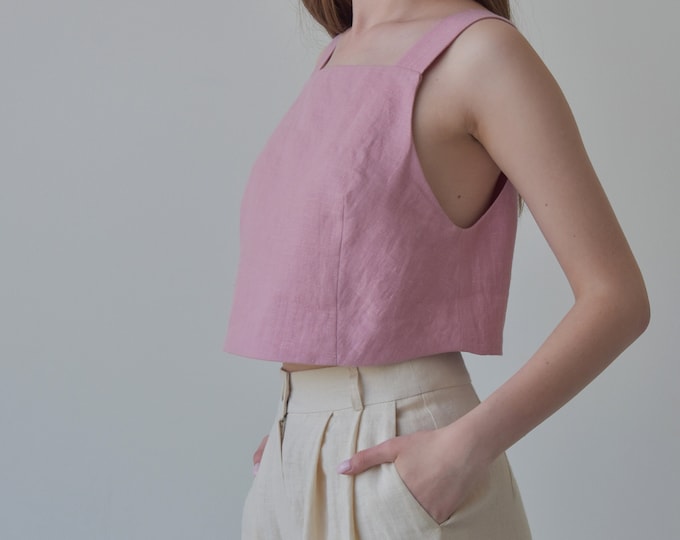 Linen Crop Top, Wide Straps Light Ash Pink Cropped Linen Top for Women ...