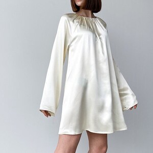 Pleated White Mini Dress, Long Sleeve White Dress, Ivory Tent Dress ...