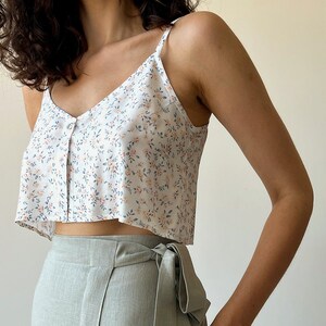 Cami Crop Top With Button Front, Floral Print Top, Deep V-neck Tank Top ...