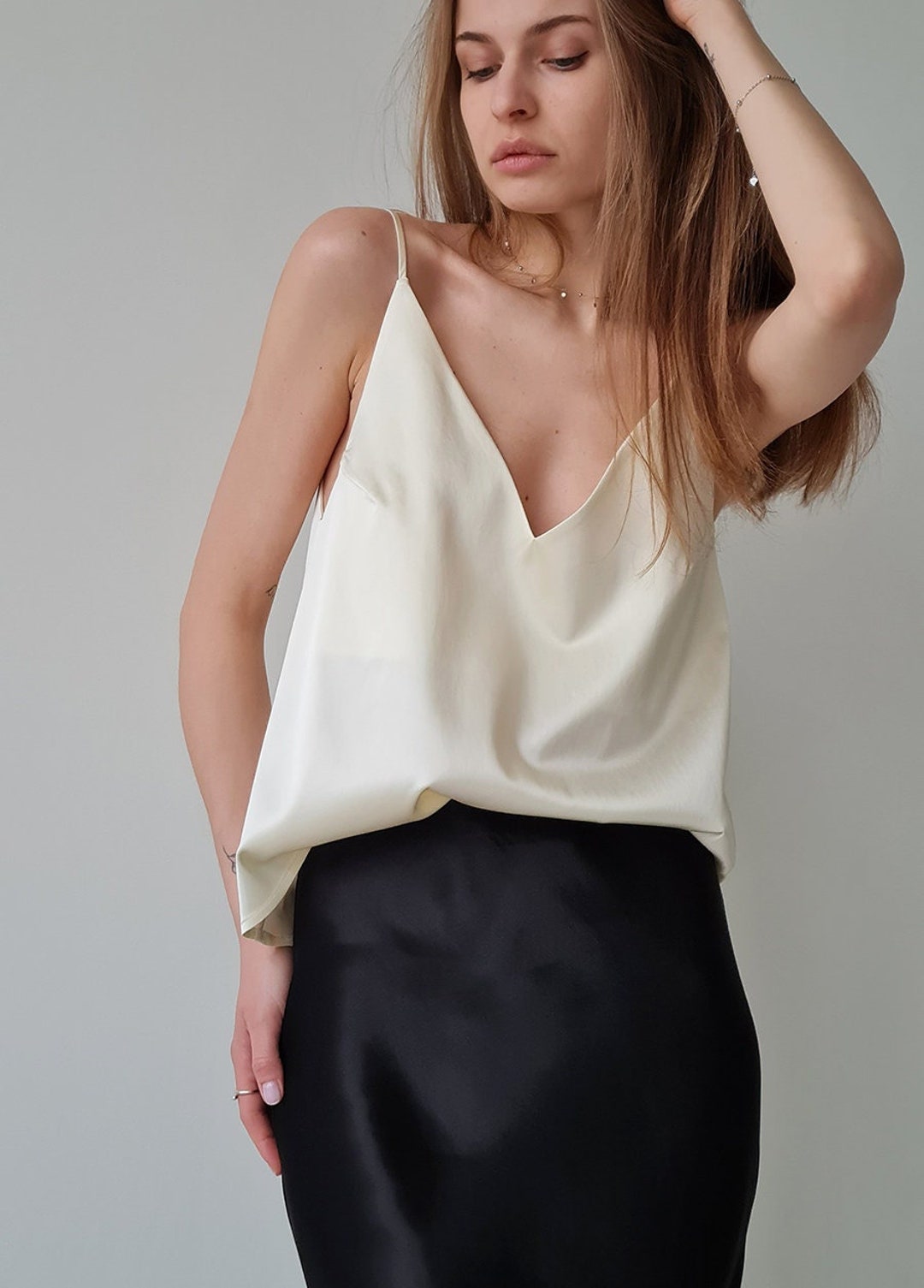 Deep V Neck Camisole Top, Ivory Cami Top, Bias Cut V Tank Top With ...