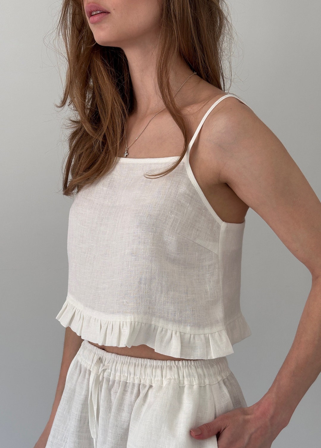 White Linen Top, Cropped Linen Top for Women, Ruffle White Top, Tank ...