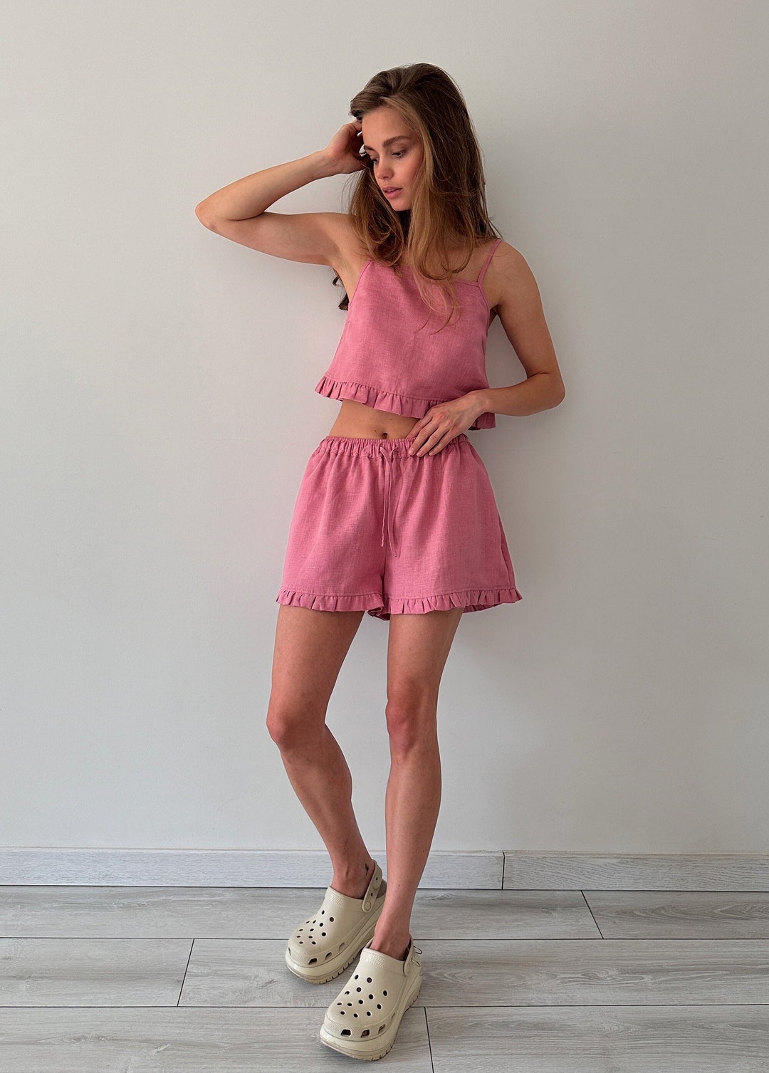 Womens Pink Linen Crop Top Only XS Size, Summer Sleeveless Ruffle Top ...