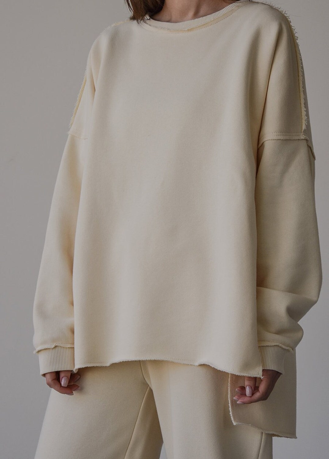 Women Light Beige Sweatshirt, Women Round Neck Long Sleeve Pullover ...