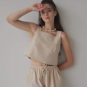 Beige Linen Crop Top, Linen Tank Top, Square Neck Linen Top, Linen ...