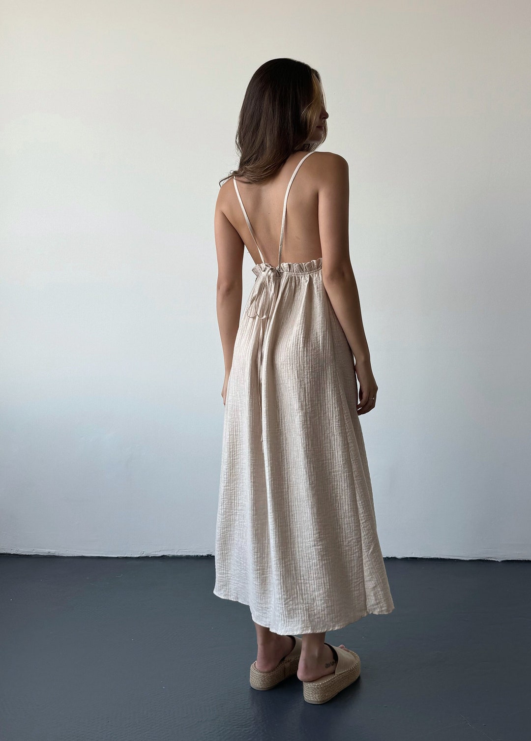 Summer Backless Dress, Beige Long Cotton Dress With Ruffles, Maxi Open ...