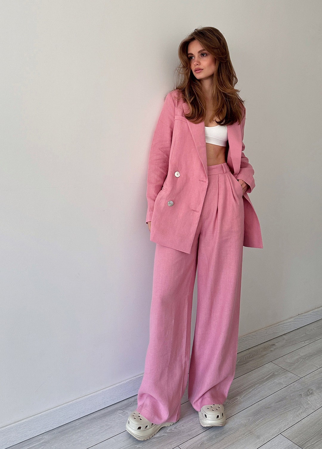 Oversized Pink Linen Blazer for Women, Pink Linen Jacket, Double ...